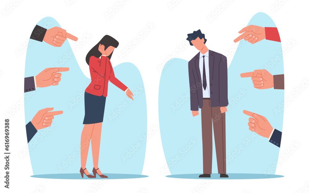 Concept of accusation, people pointing fingers at sad man and woman ...