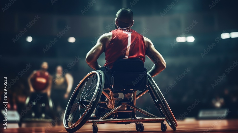 Red-shirt wheelchair basketball player dribbles professionally ...
