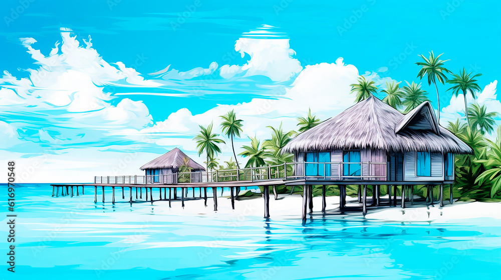 Beautiful tropical Maldives island with beach and sea. Digital painting ...