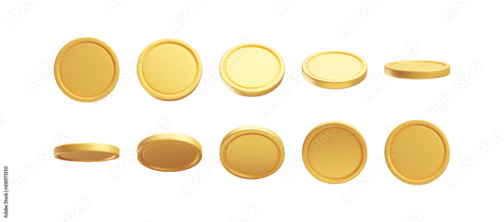 Set of golden coins from different angles, 3D rendering. Spinning gold ...