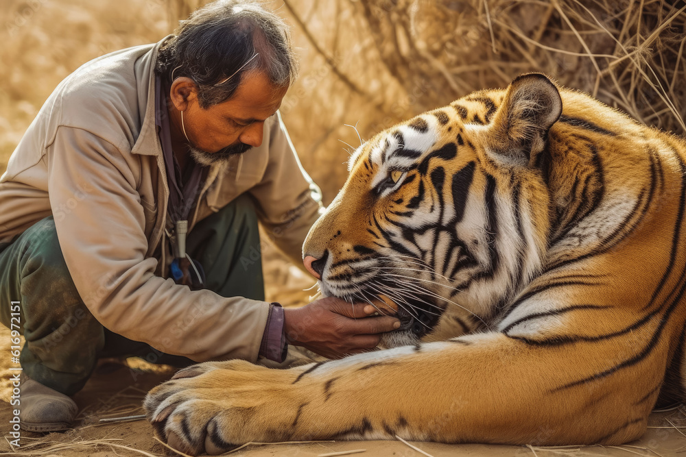 Veterinarian examining a tiger and his health condition, wild animal ...