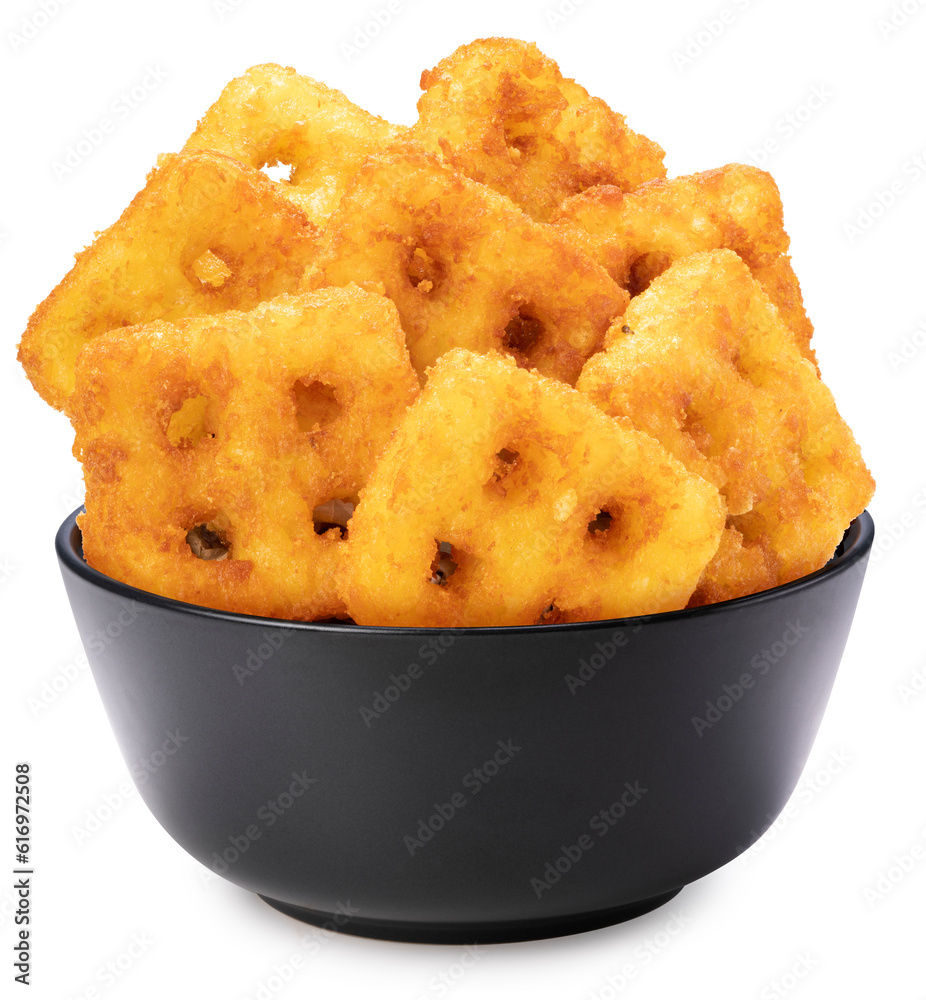 Hash Browns in black bowl isolated on white background, Crispy Hash ...