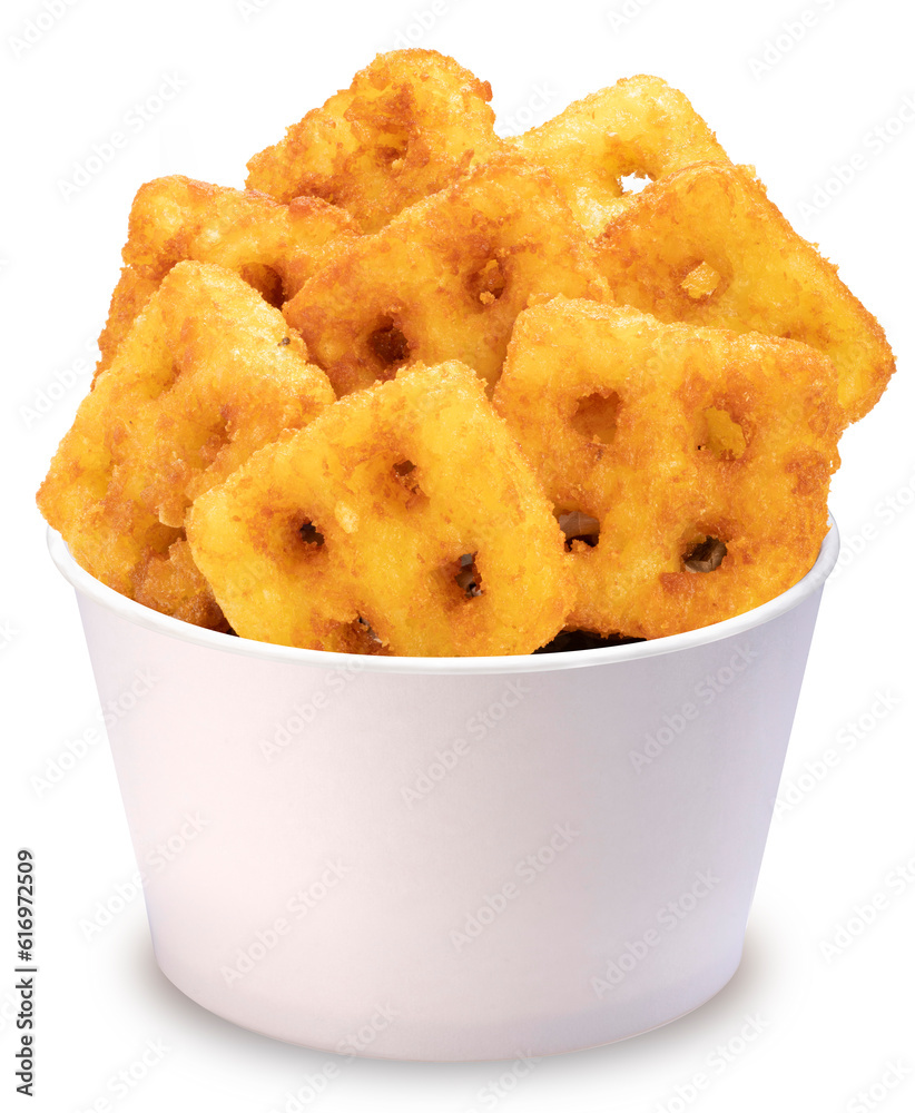 Hash Browns in paper bucket isolated on white background, Crispy Hash ...