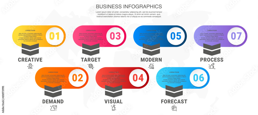 Vector modern infographic with seven circles and arrows. 3D concept ...