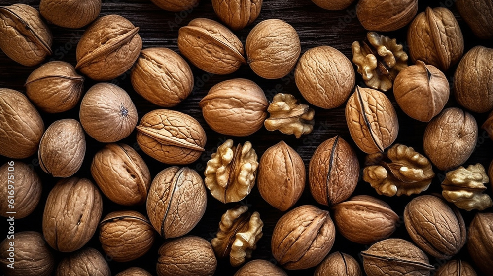 walnuts background collection of healthy food fruit and vegetables ...