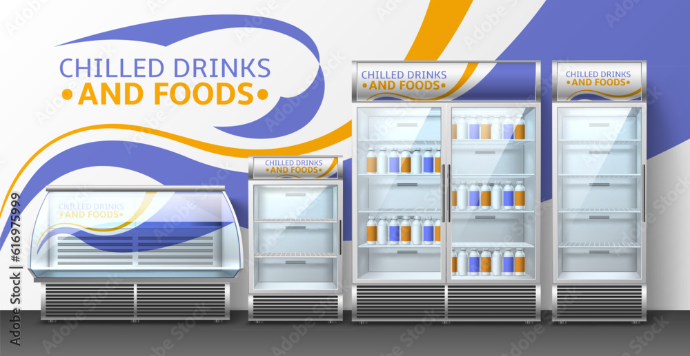 Store fridges display design. Commercial refrigerators and showcases ...