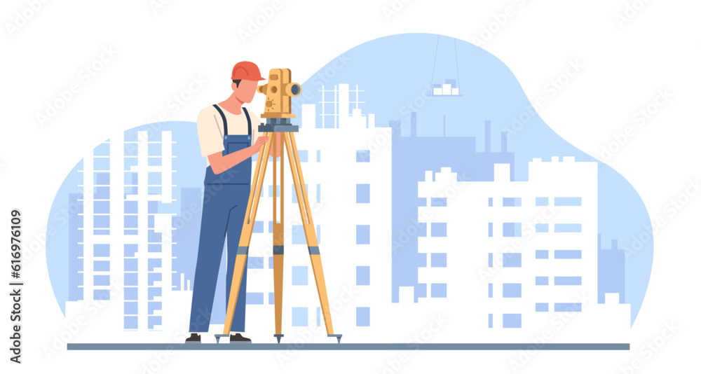 Surveyor takes measurements with equipment at site under construction ...