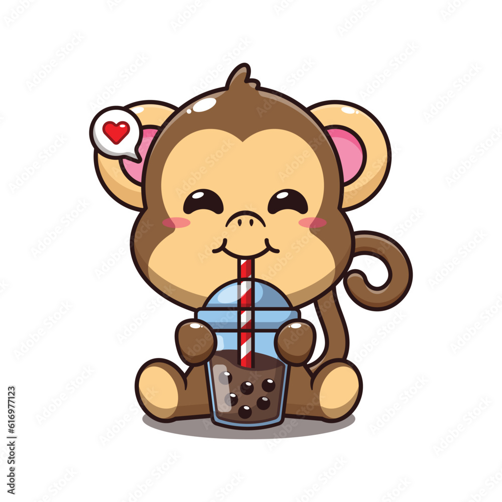 cute monkey drink boba milk tea cartoon vector illustration. Stock ...