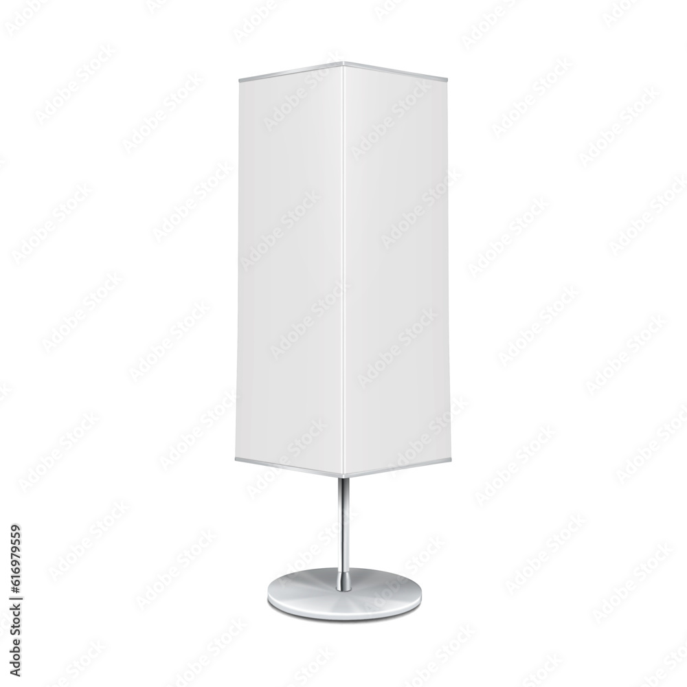Rotating 3 or 4 sided banner stand realistic vector mockup. White blank ...