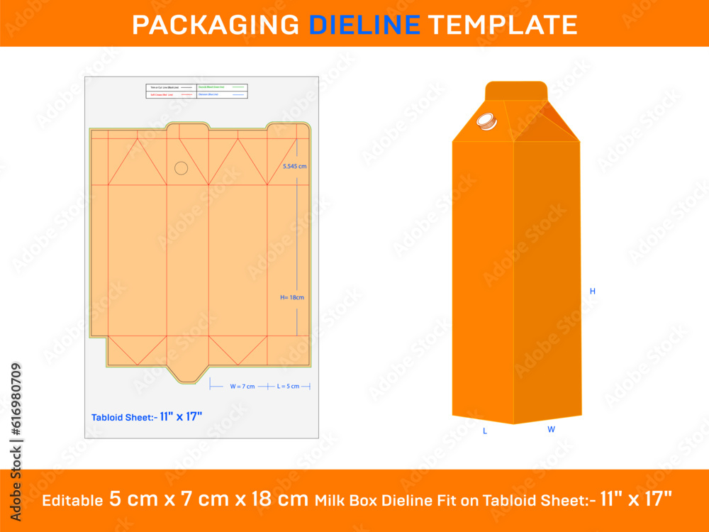 Milk Box, Dieline Template, 5x7x18 cm Stock Vector | Adobe Stock