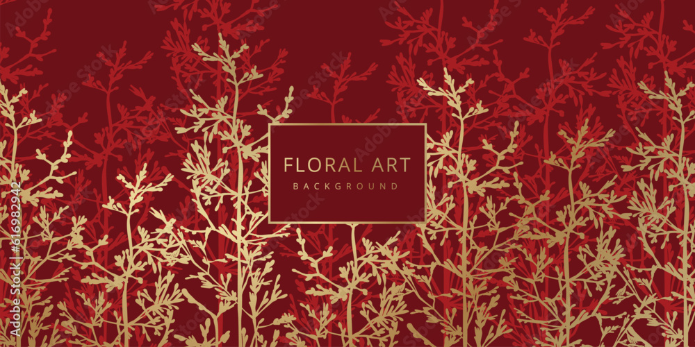 Luxury floral red abstract background with gold hand drawn flowers ...