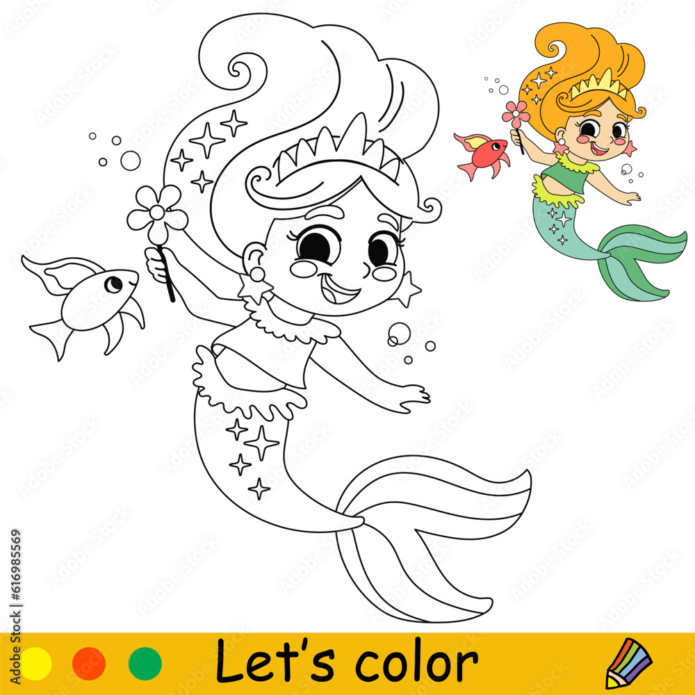 Kids coloring little mermaid and fish vector illustration Stock Vector ...