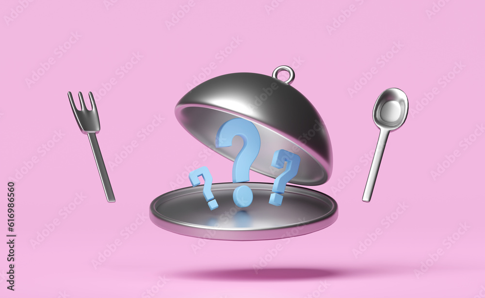 silver plate with food cover, spoon, fork, question mark isolated on ...