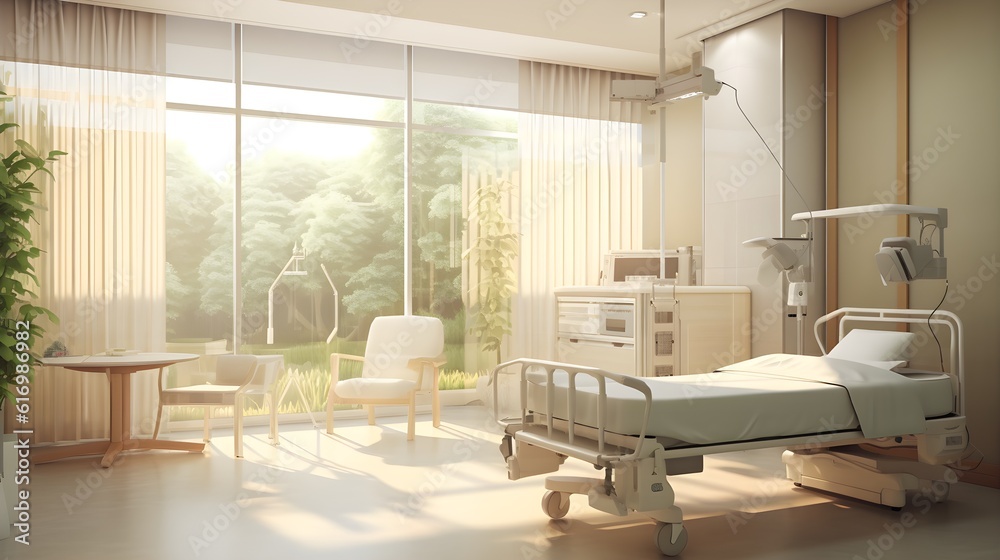Hospital large white and green room interior with comfortable beds and ...