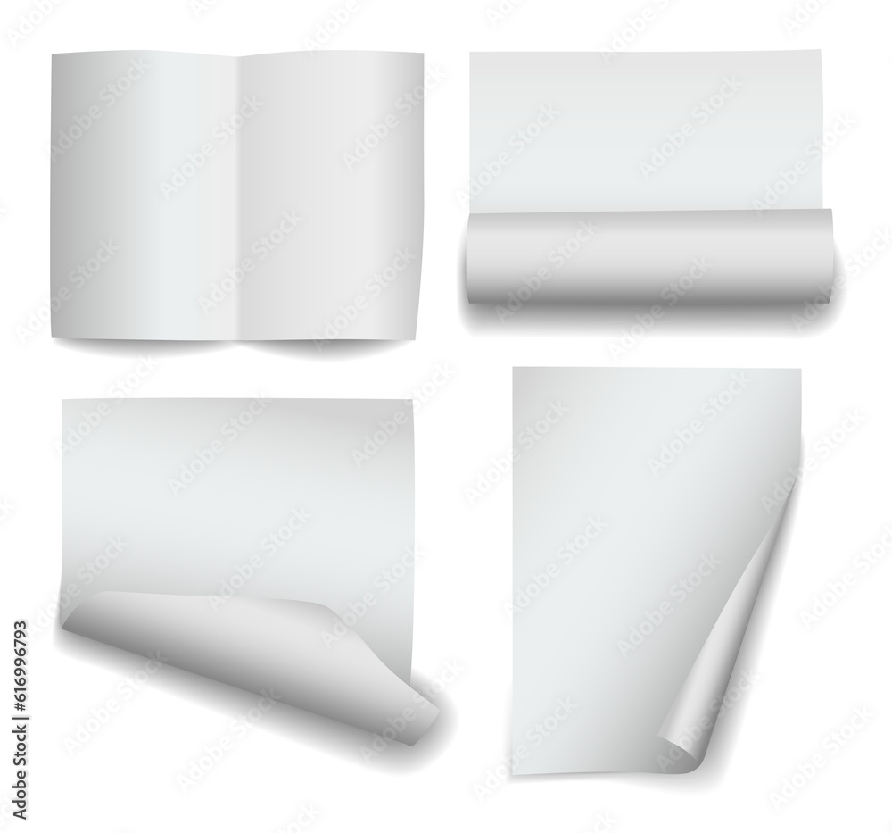 Collection of blank paper pages in different positions isolated on ...
