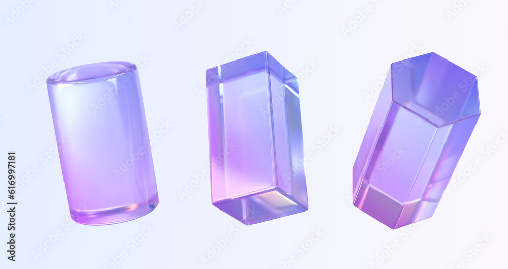 Glass cylinder, rectangle and hexagon 3d render icons set. Abstract ...