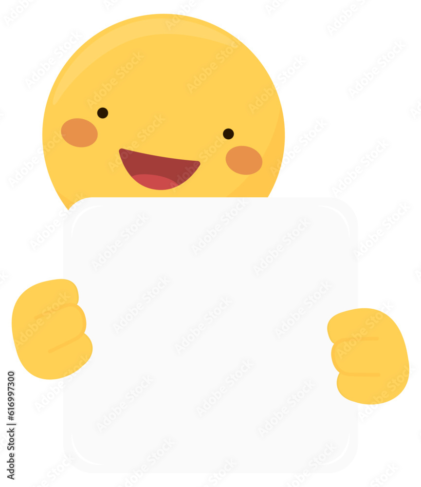 Emoji face holding empty sign for message. Emoticon with Hands holding ...