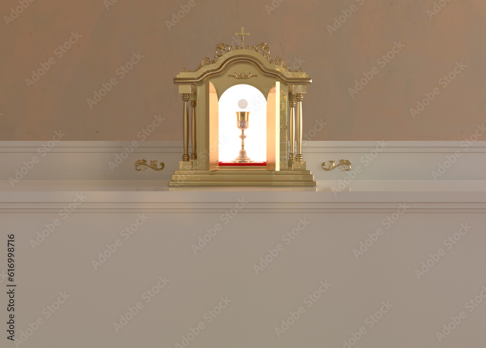 The tabernacle on the altar containing the consecrated host and the ...