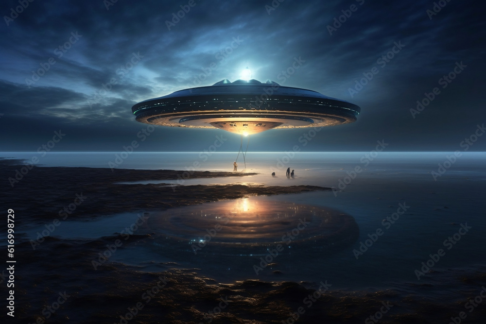 A captivating image featuring an enigmatic, saucer-shaped UFO casting a ...