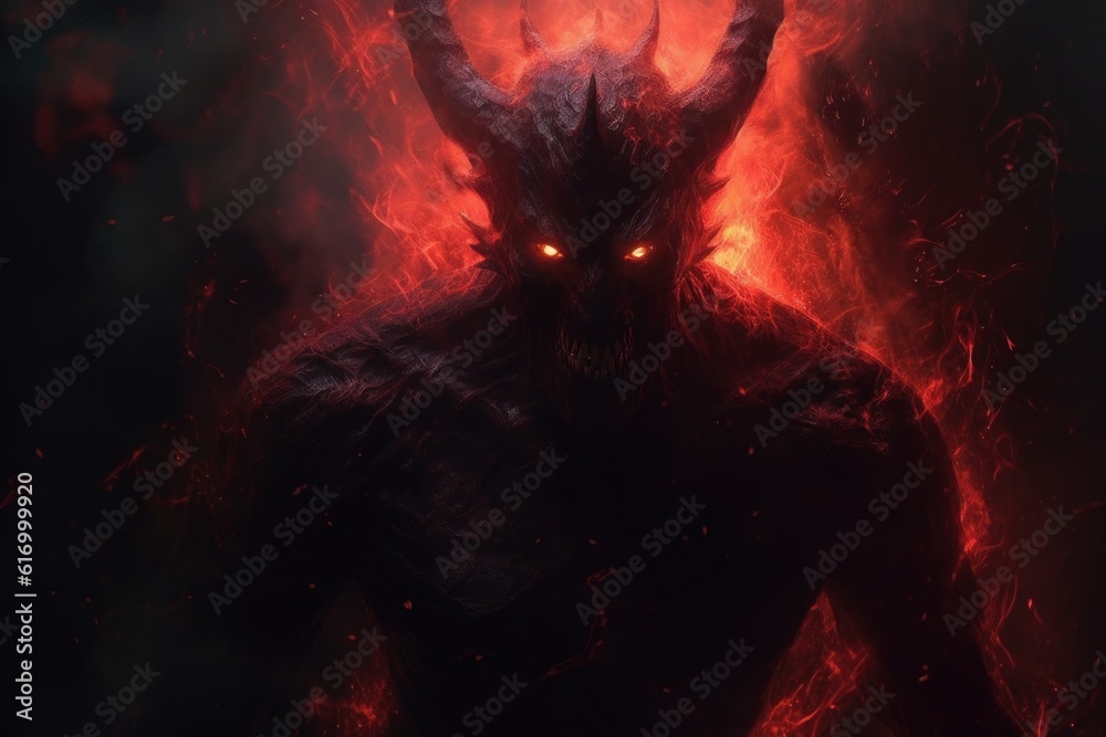 Demon from hell with burning red glowing flames and particles in mystical place Stock ...