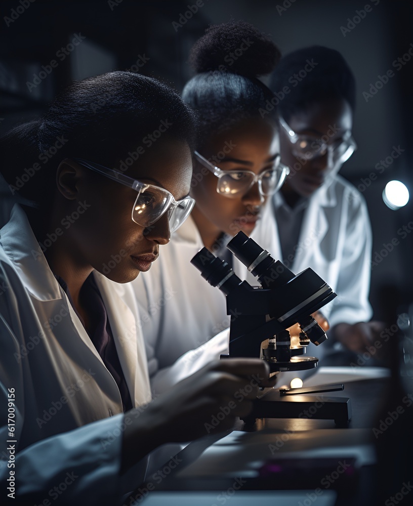 An African American woman scientist collaborating with her team on an ...