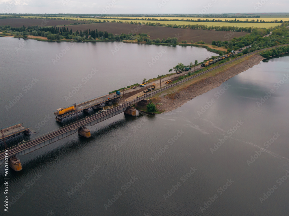 Pontoon bridge of the Ukrainian army. Installation of a temporary ...