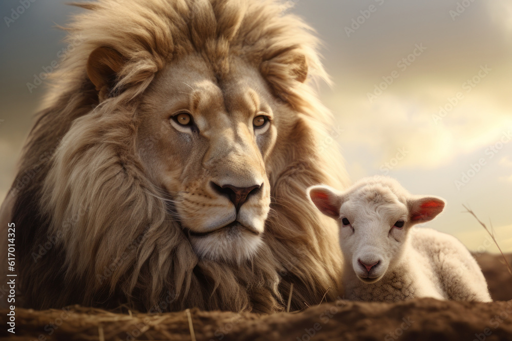 Lion and lamb lie together in nature. AI generative. Stock Illustration ...