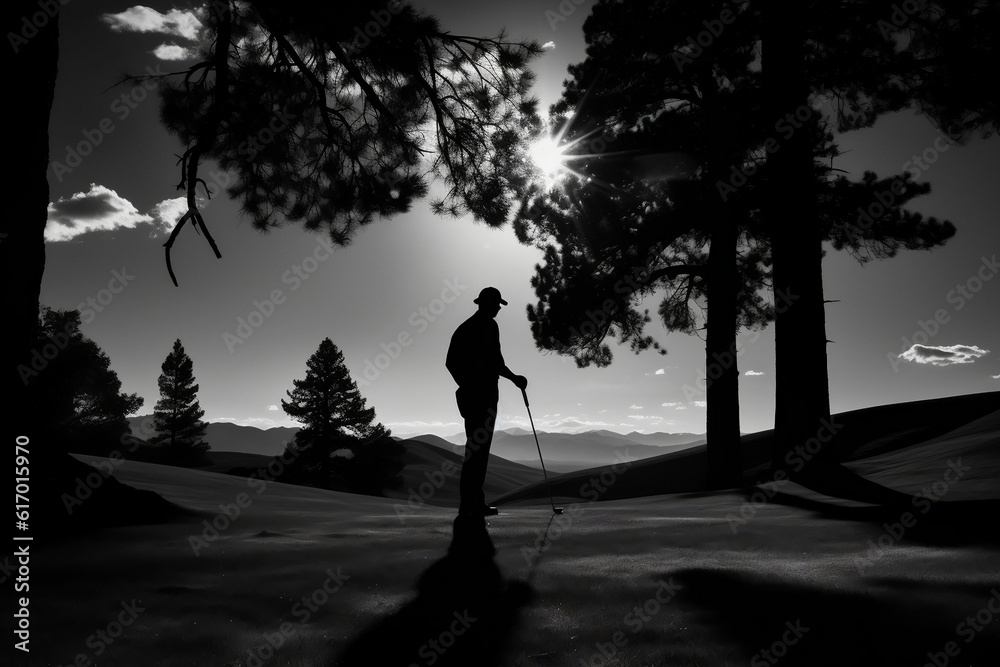 A dramatic black and white photo capturing a golfer at the end of his ...