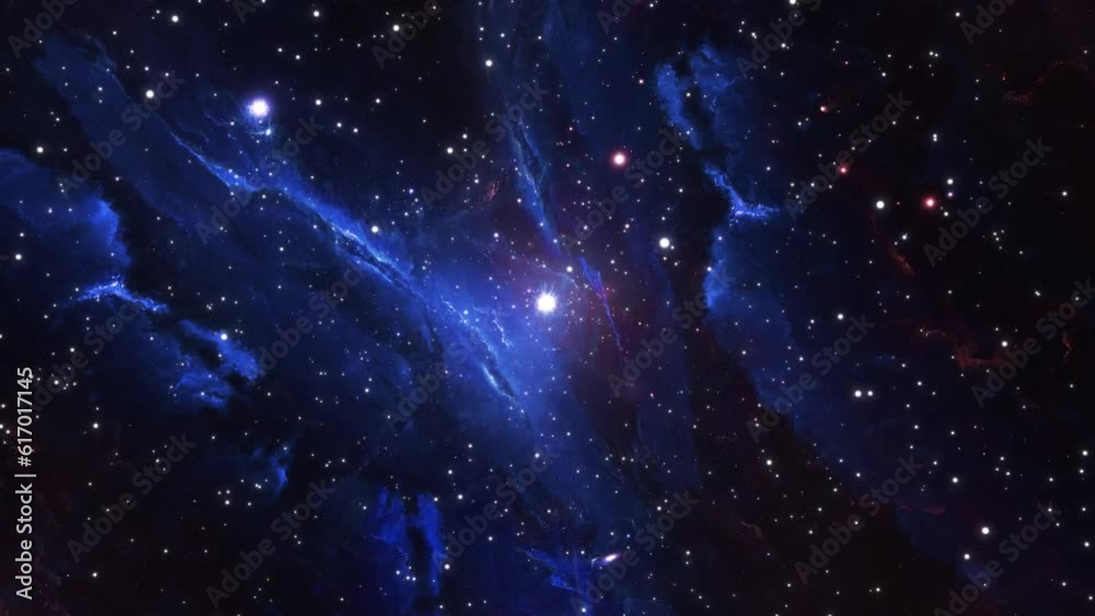 Intergalactic flight through blue nebulae and galaxies. Endless ...