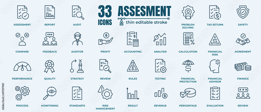 Assessment icon set. Containing financial statement, audit, financial ...