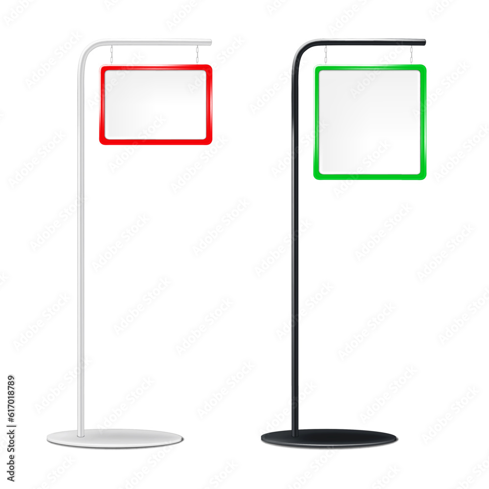 Blank signboard hanging on chains vector mockup. Empty outdoor yard ...