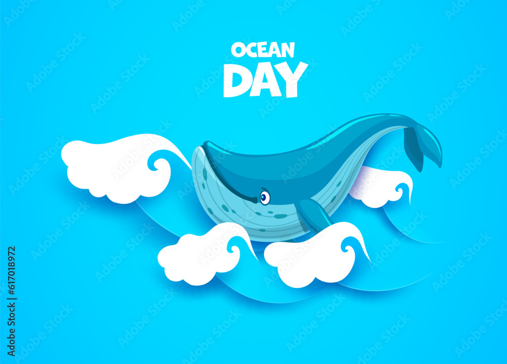 World oceans day. Paper cut sea waves and cartoon whale. Vector poster ...