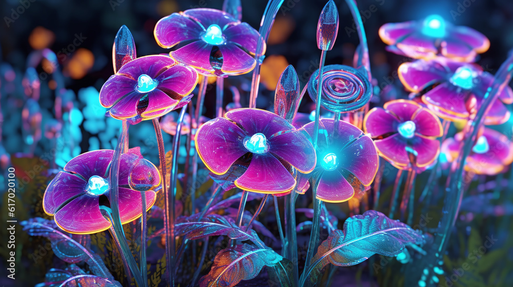 Digital futuristic flower wallpaper, neon light glow blossom wireframe ...
