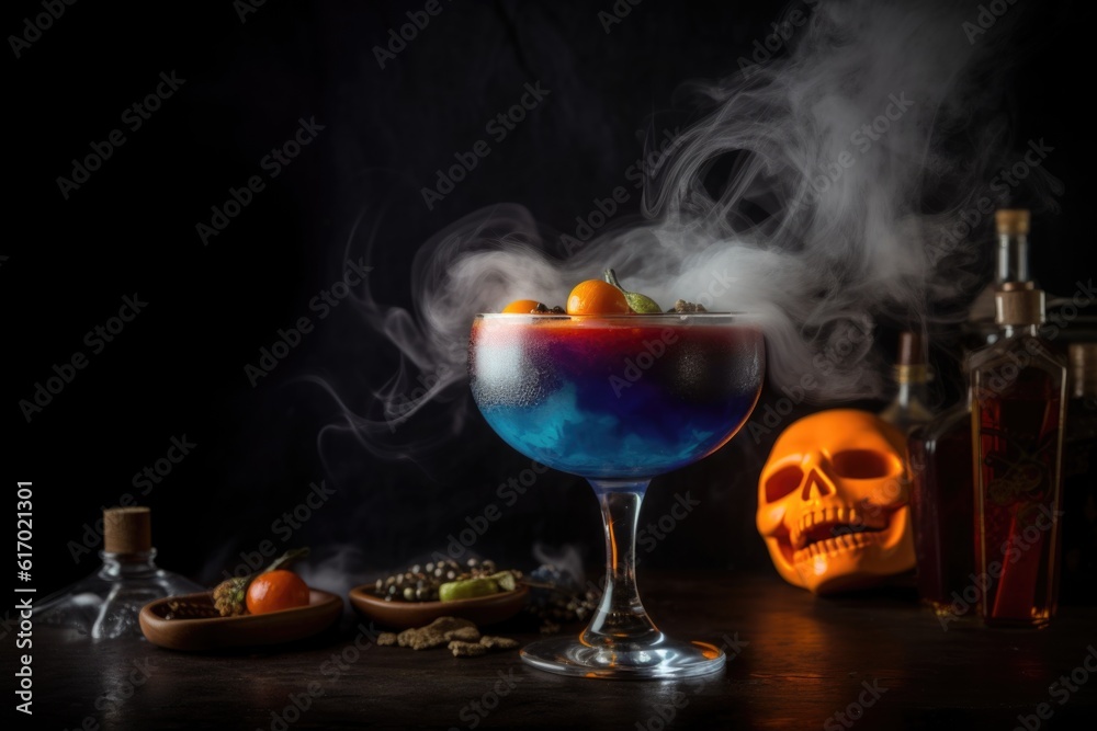 A spooky-themed Halloween cocktail, with a smoking dry ice effect and ...