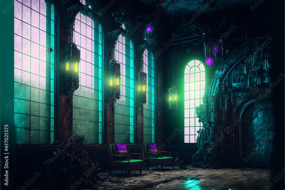 neogothic victorian palace room cyberpunk interior design loft with a ...