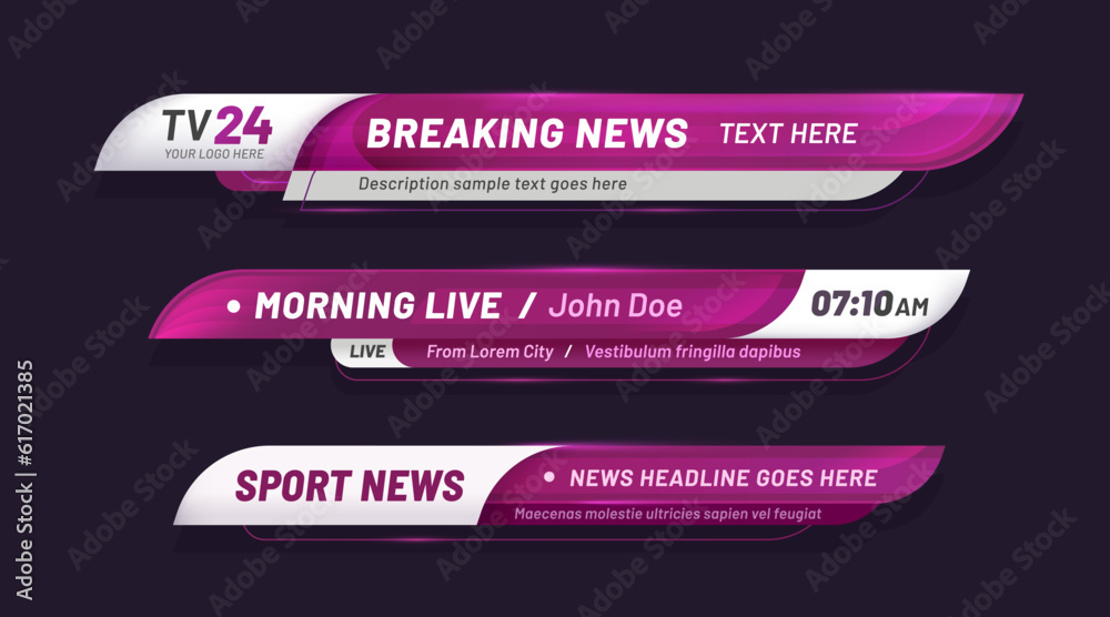 Purple news bar lower third header, tv headline. Vector video titles ...
