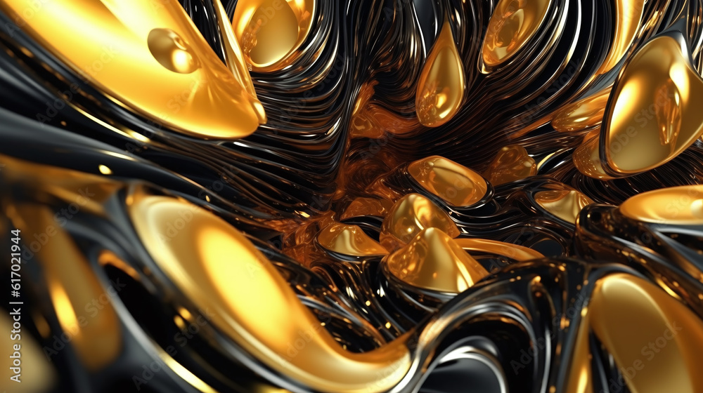 Gold oil background, golden liquid abstract 3D wallpaper with flow wave ...