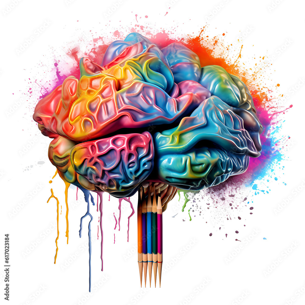 Creative brain filled with CMYK colours and paints isolated in white ...