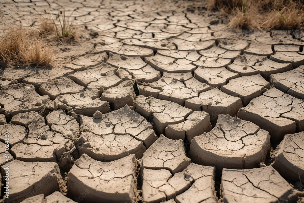 A close-up of dry and cracked soil shows the texture and harsh ...