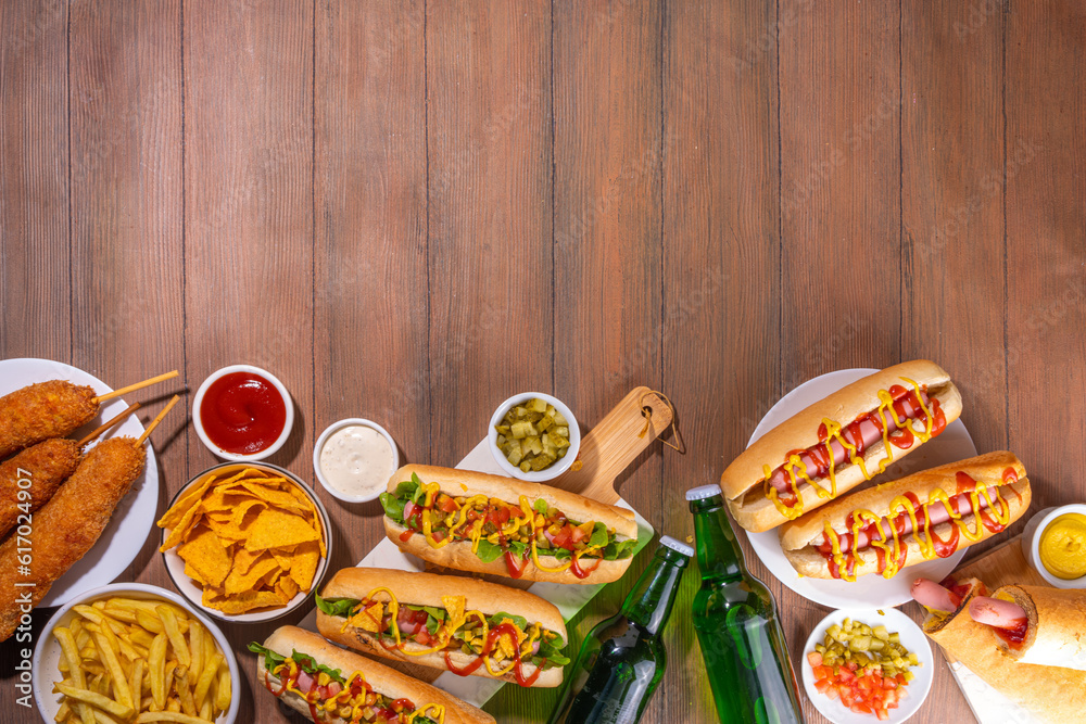 National Hot Dogs day background, hotdog summer party festival foods ...