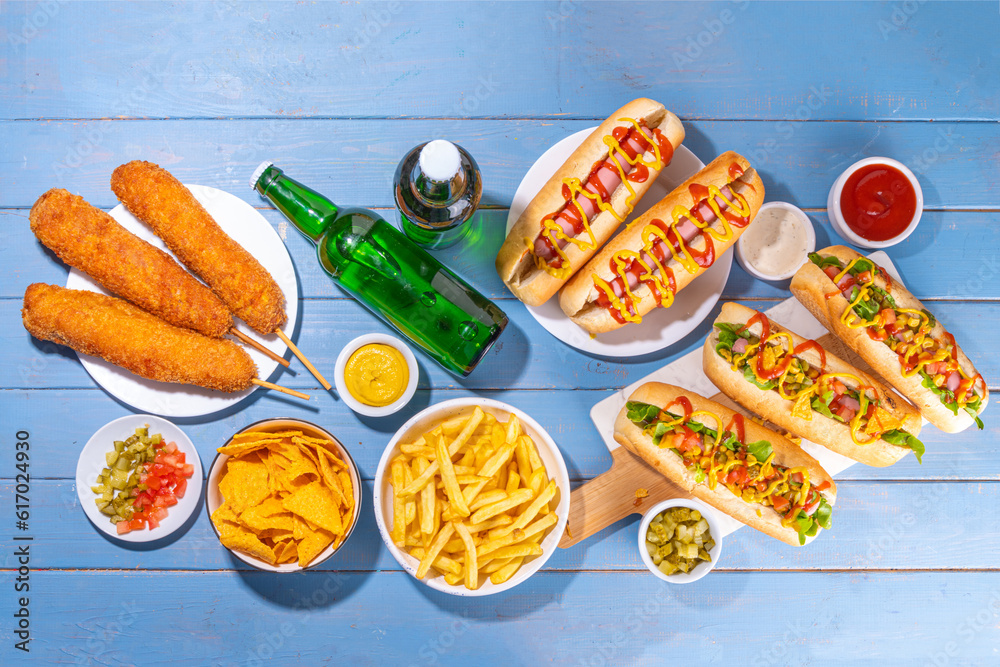 National Hot Dogs day background, hotdog summer party festival foods ...