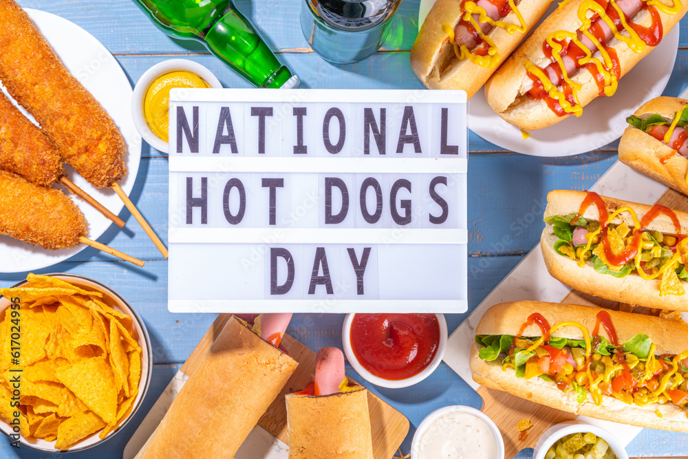 National Hot Dogs day background, hotdog summer party festival foods ...
