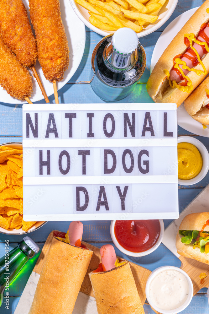 National Hot Dogs day background, hotdog summer party festival foods ...