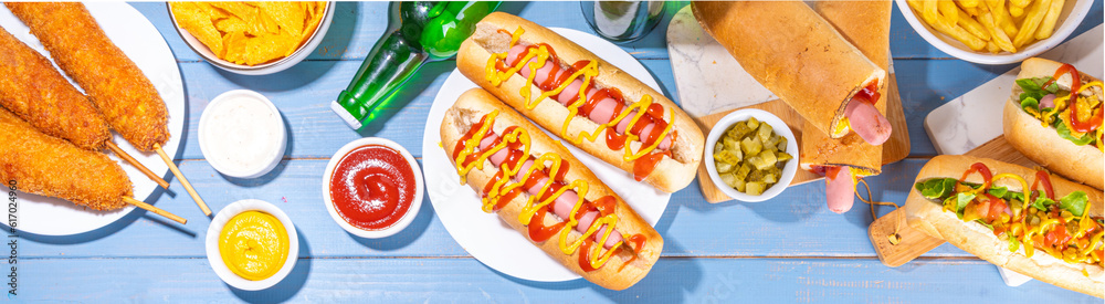 National Hot Dogs day background, hotdog summer party festival foods ...