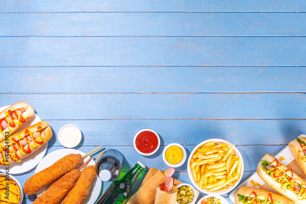 National Hot Dogs day background, hotdog summer party festival foods ...