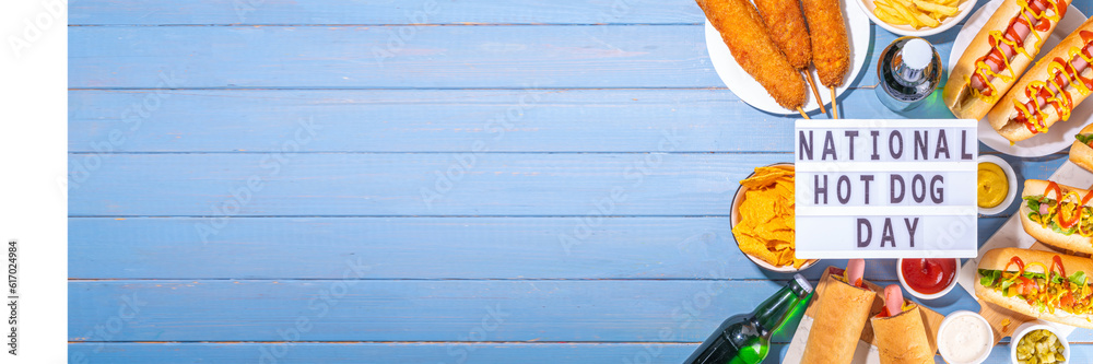 National Hot Dogs day background, hotdog summer party festival foods ...