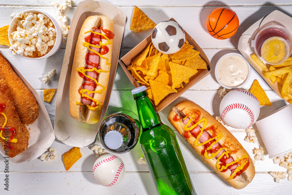 Traditional sport stadium foods and beer background, Set of various ...