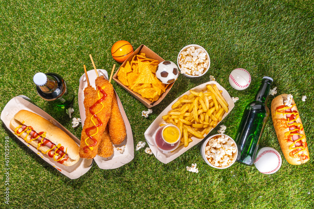 Traditional sport stadium foods and beer background, Set of various ...