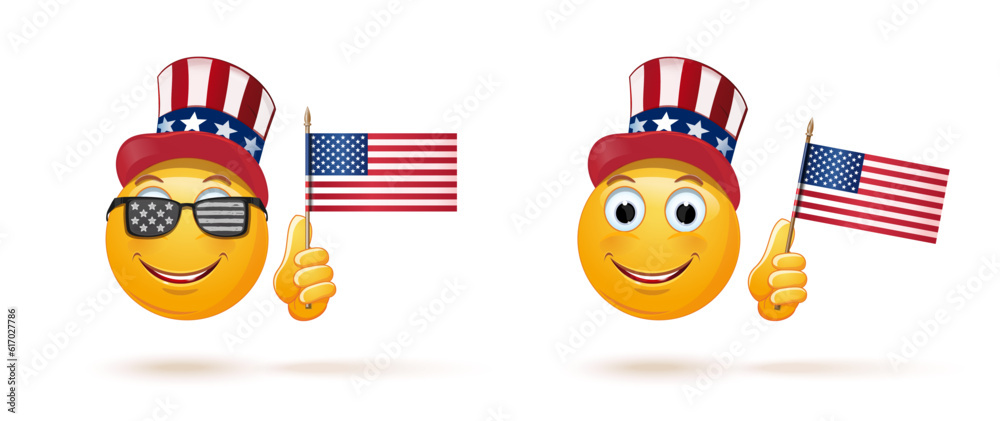 Emoticon face set in Uncle Sams hat and with the USA flag. Funny emoji ...