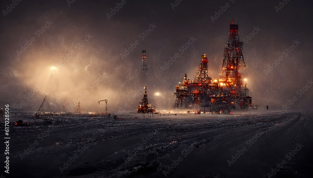 biggest oil drilling rig on a mountain snowstorm nighttime blizzard ...